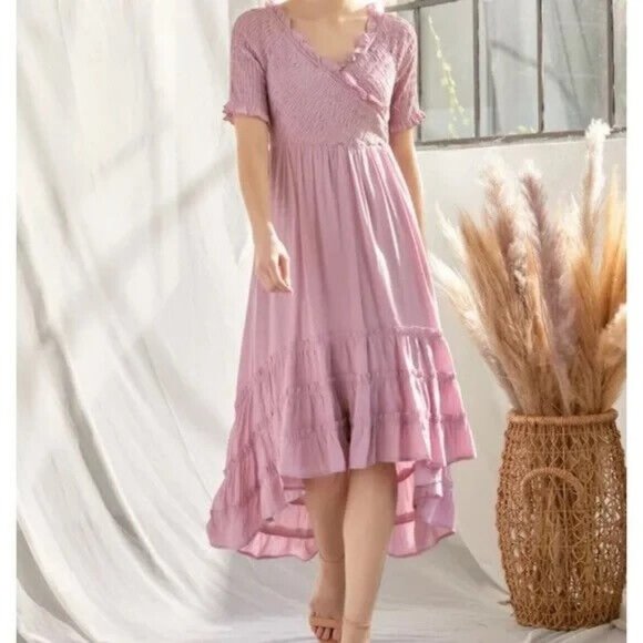 Polagram | Dresses | Polagram Dress Pink Smocked Crossover Hi Lo Tiered ...